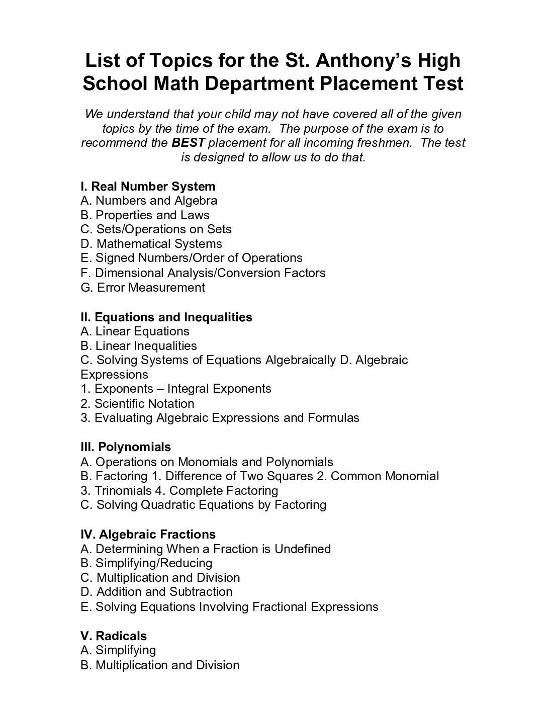 Math Department Placement Test Topics - St. Anthony's High School