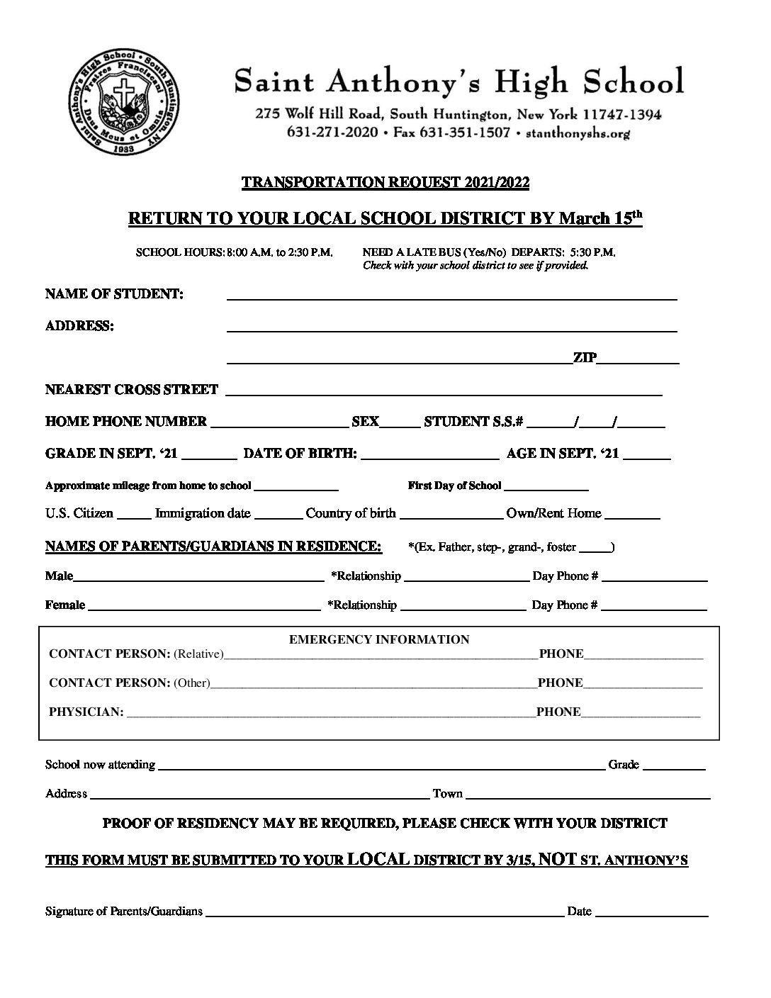 Admissions - Transportation Form 2021 - St. Anthony's High School