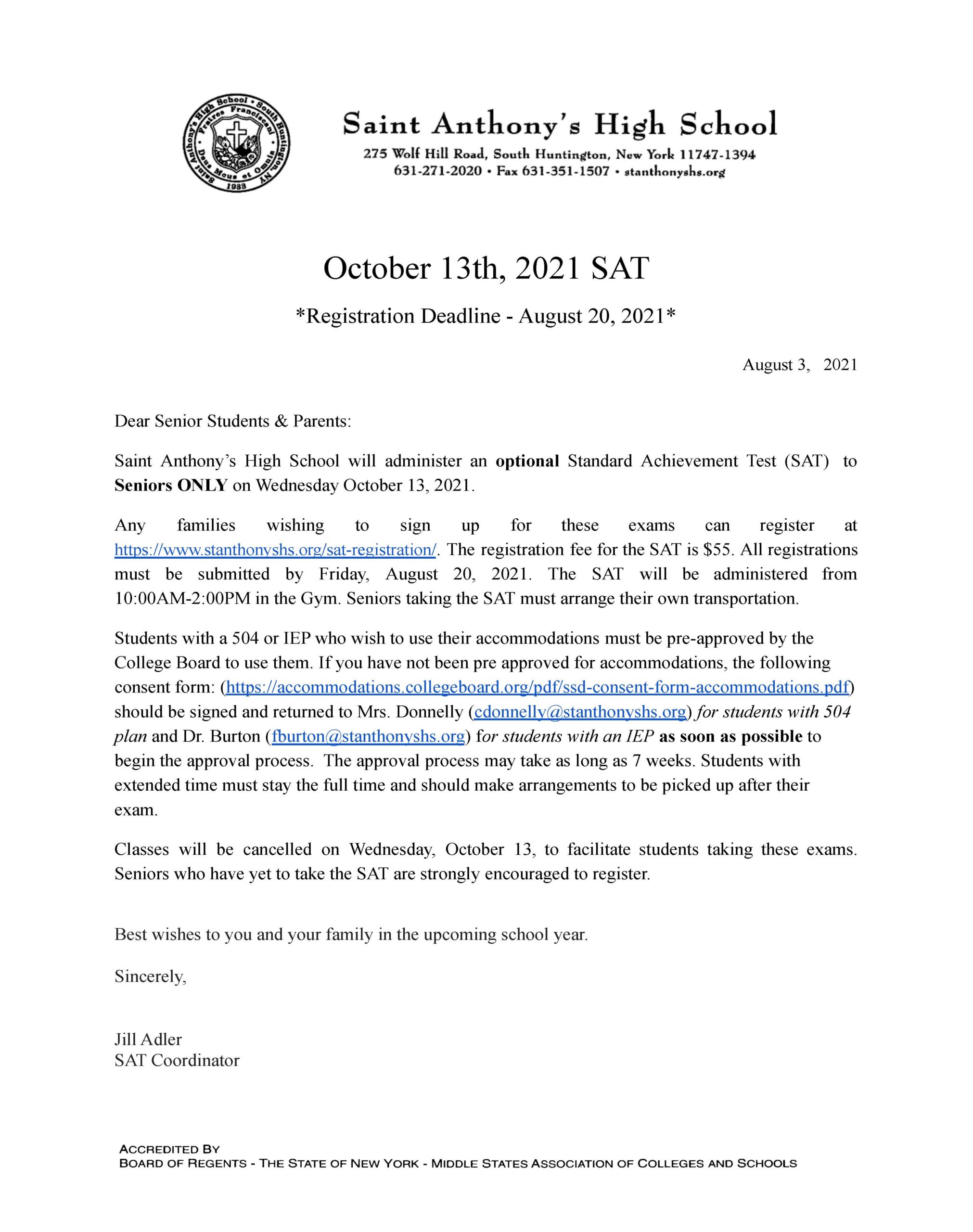 SAT Letter (Seniors) 2021 - St. Anthony's High School